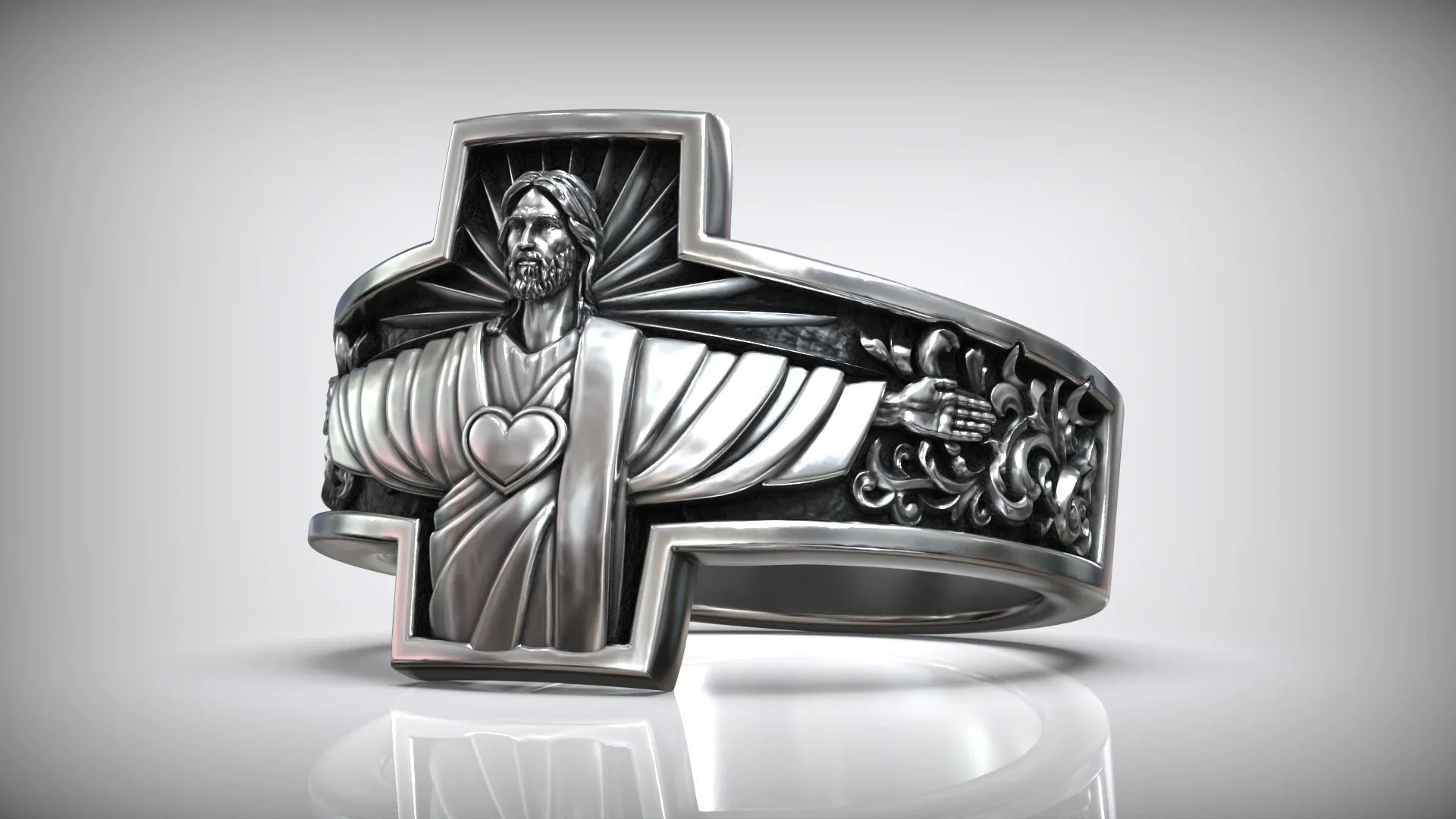 S925K Silver Jesus Guardian Cross Sacred Heart of Jesus Ring – BGCOPPER