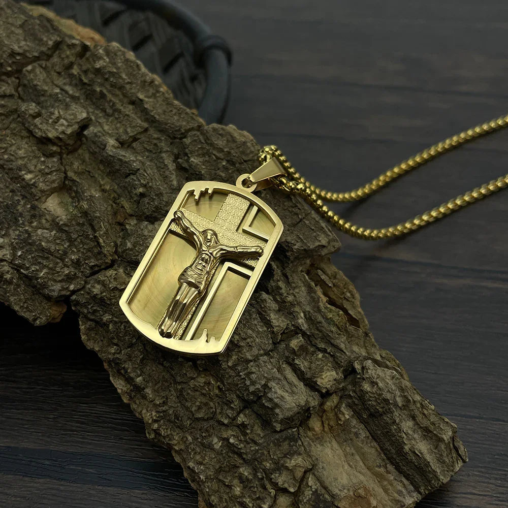 Mens gold color Lord's Prayer & Crucifix Jesus Piece Christ Dog Tag ...