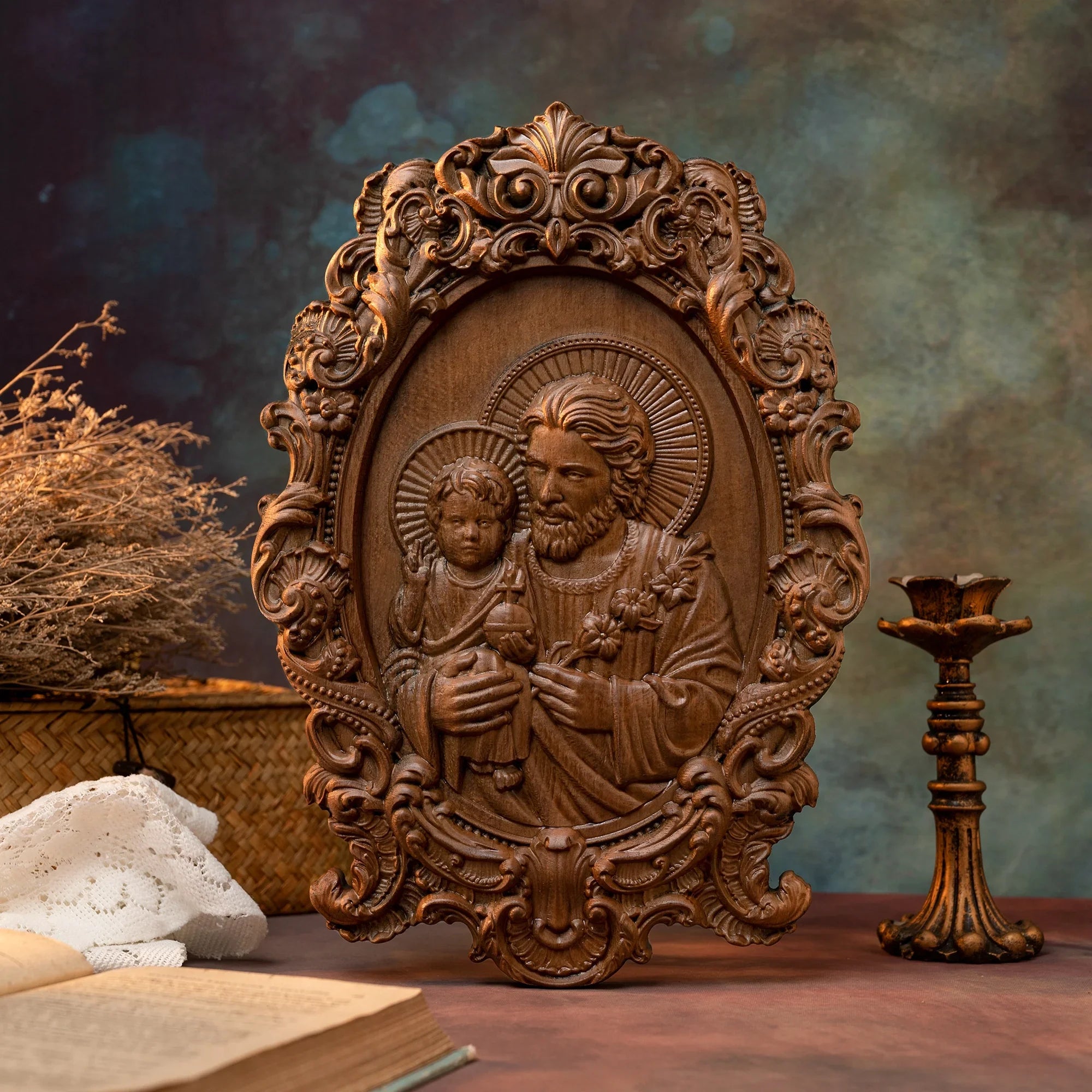 Saint Joseph Wood Carved Religious icon Fatehrs day Christian gift Wal ...