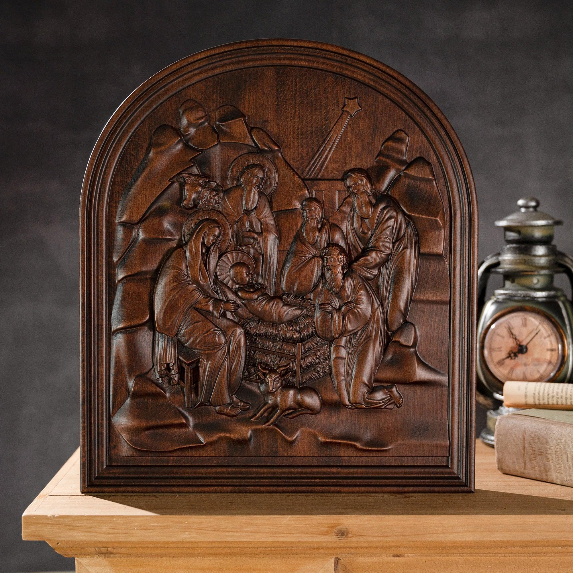 Natural beech nativity scene wood carving plaque – BGCOPPER