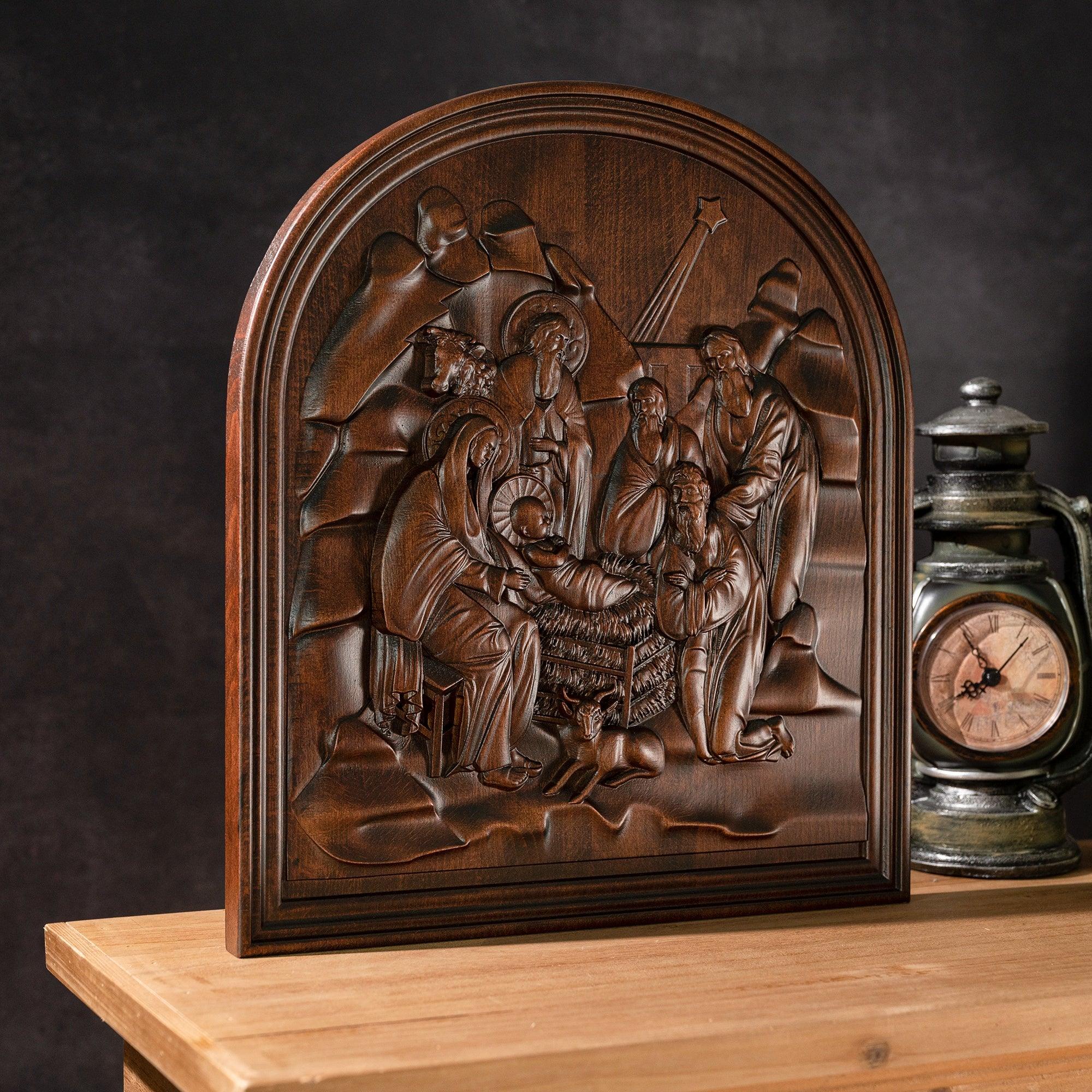 Natural beech nativity scene wood carving plaque – BGCOPPER