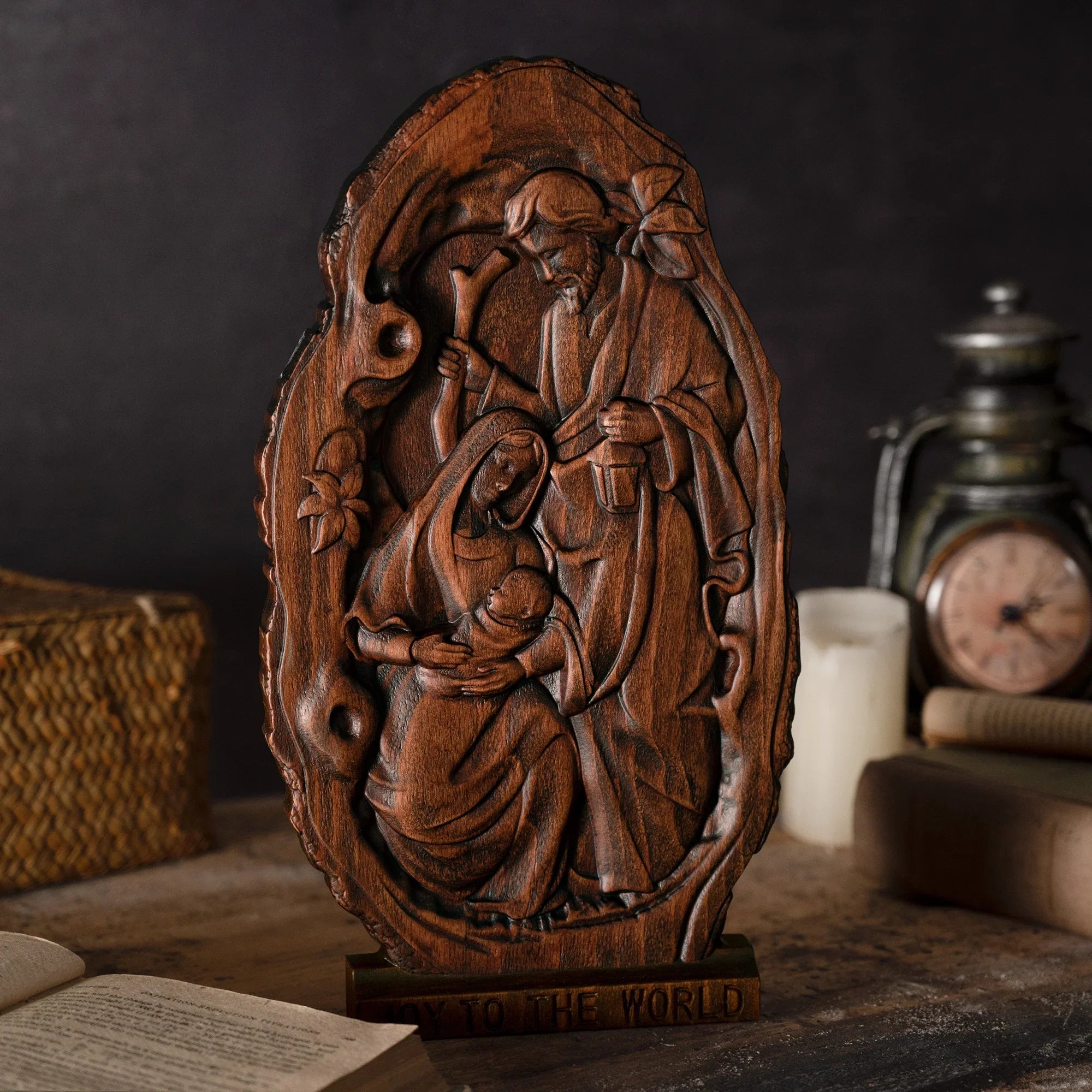 Natural Beechwood Nativity Scene Wooden Carved Plaque Tabletop Arrange ...