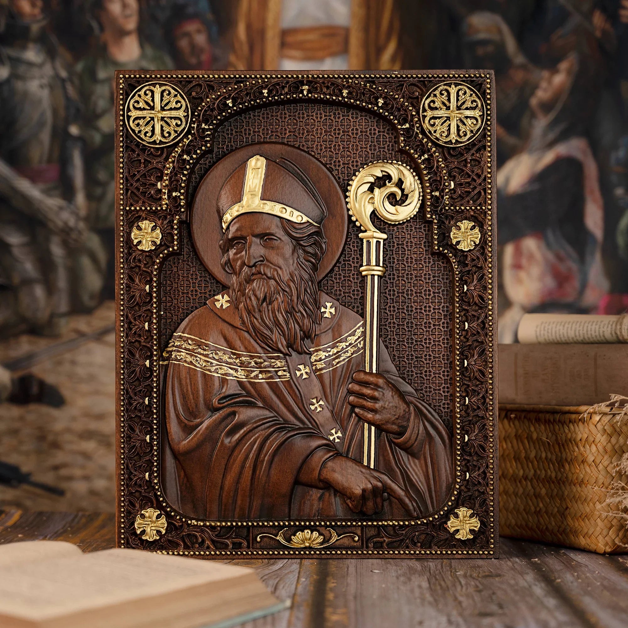 Bgcopper Saint Patrick Wood Carved Icon Religious Gift Wall Hanging Ar ...
