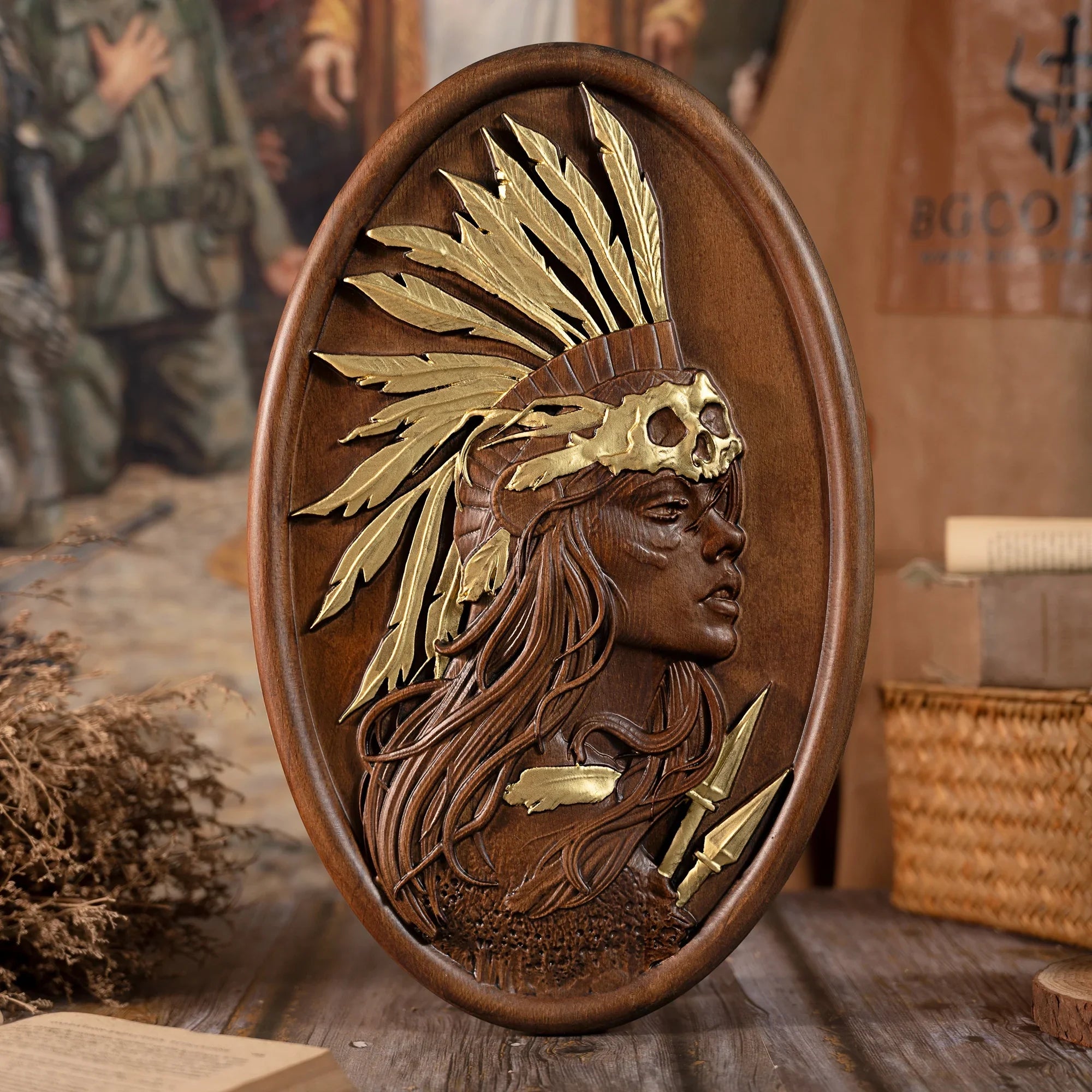 Native American Indian woman natural wood carving decoration, native ...