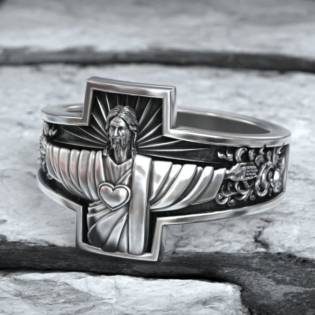 S925K Silver Jesus Guardian Cross Sacred Heart of Jesus Ring – BGCOPPER